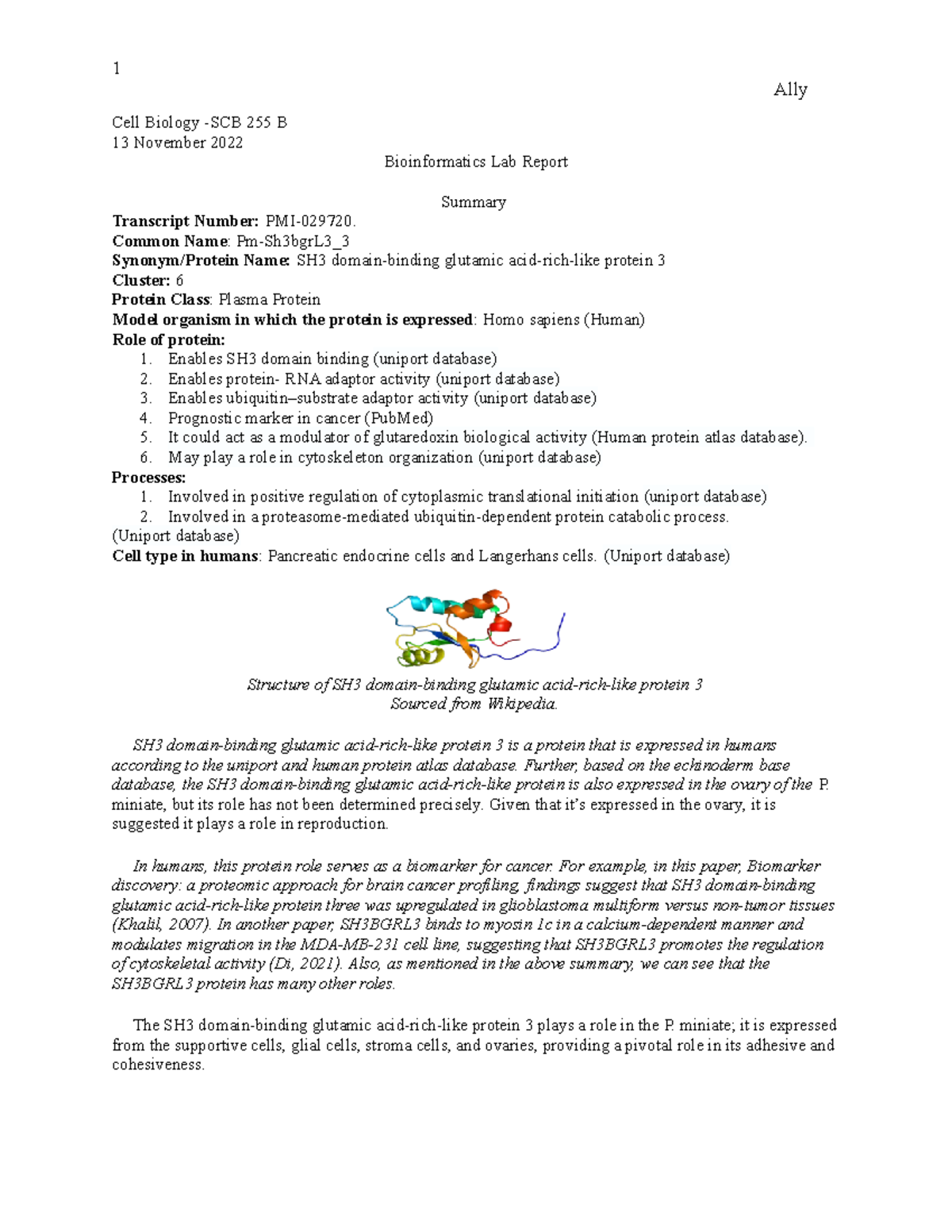 SCB 255 bioinformatics lab - Ally Cell Biology -SCB 255 B 13 November 2022 Bioinformatics Lab ...