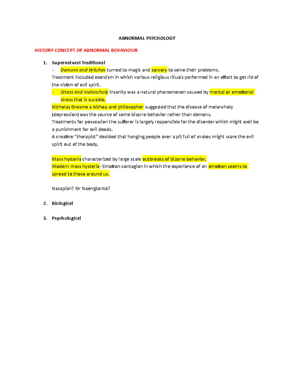 Abnormal Psychology Summary - ABNORMAL PSYCHOLOGY HISTORY CONCEPT OF ...
