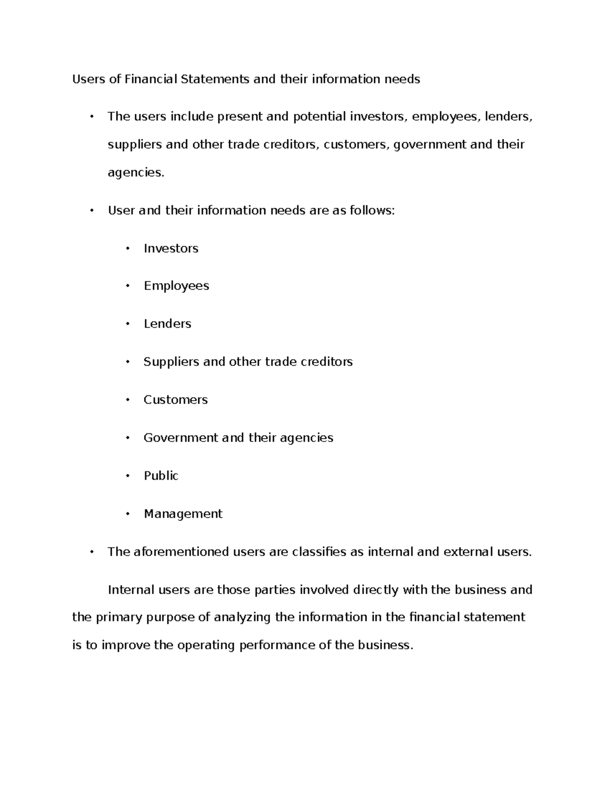 Users of Financial Statements and their information needs - User and ...