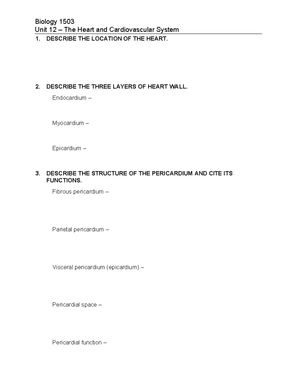 Notes Unit 12 - The Heart and Cardiovascular System - Unit 12 – The ...