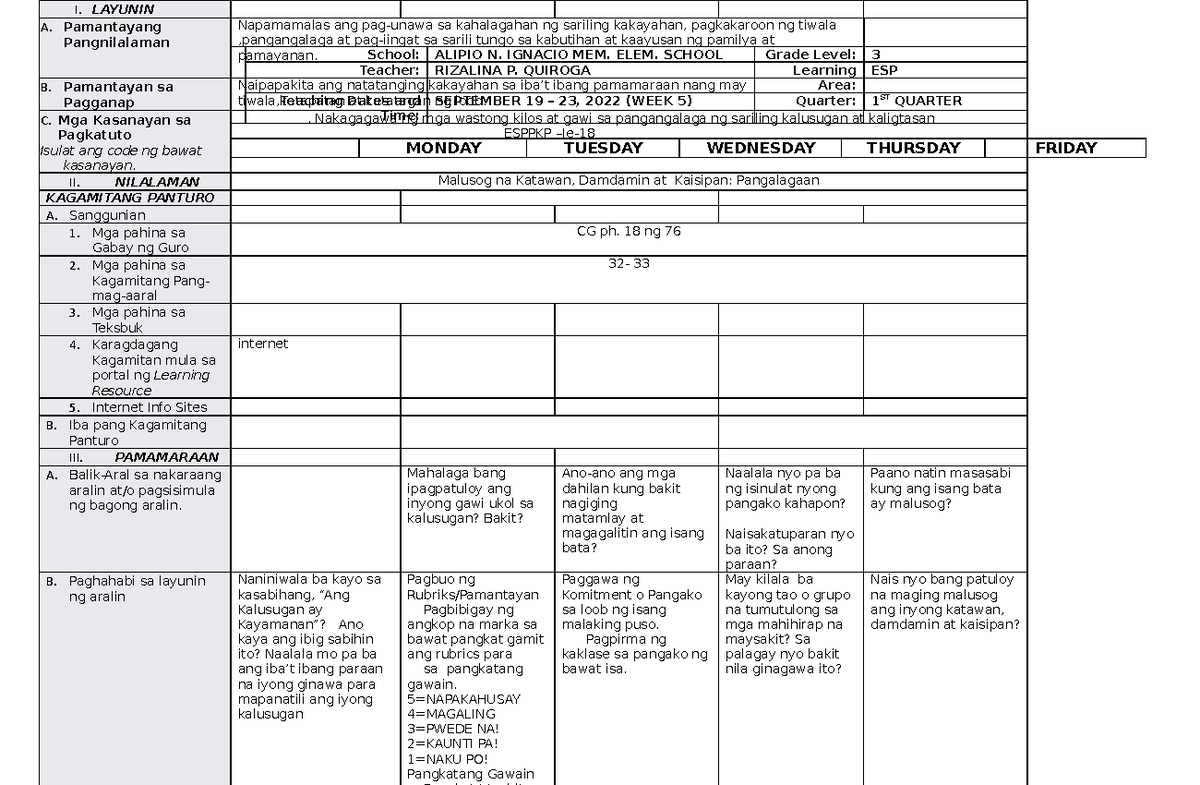 DLL ESP 3 Q1 W5 - aaaa - GRADES 1 to 12 DAILY LESSON LOG School: ALIPIO ...