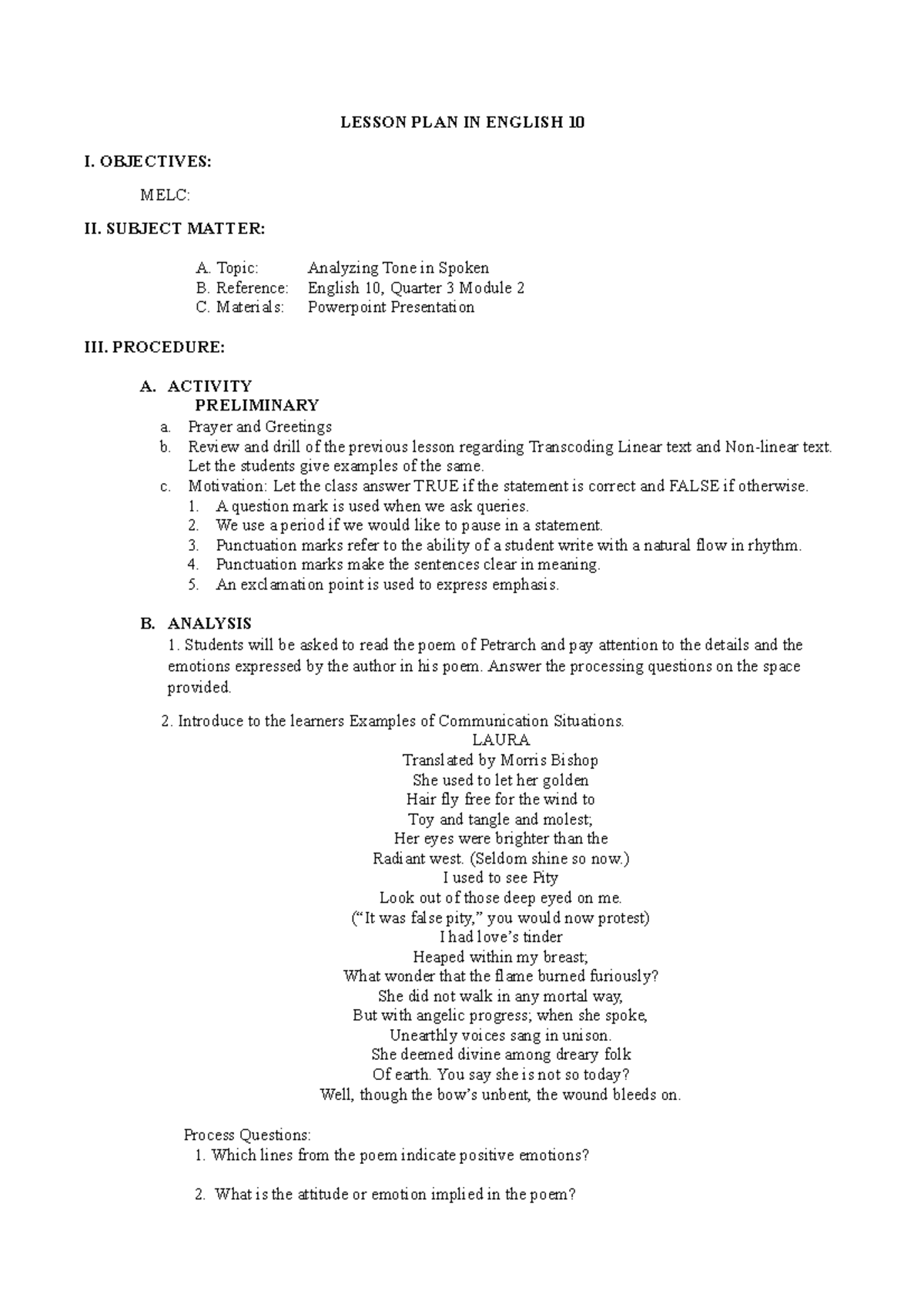 Lesson PLAN IN English 10 - LESSON PLAN IN ENGLISH 10 I. OBJECTIVES ...