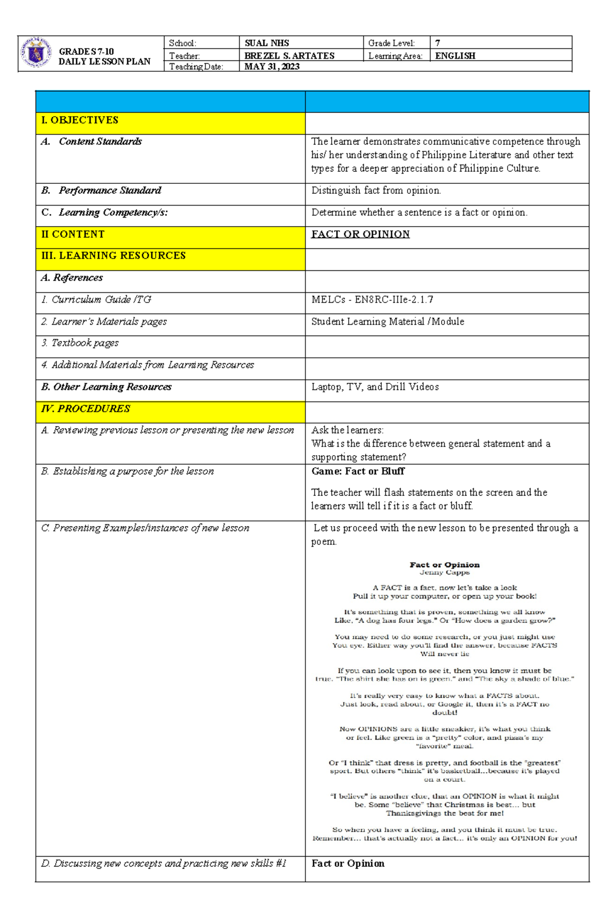 1. Demonstration Teaching - Lesson PLAN - GRADES 7- DAILY LESSON PLAN ...
