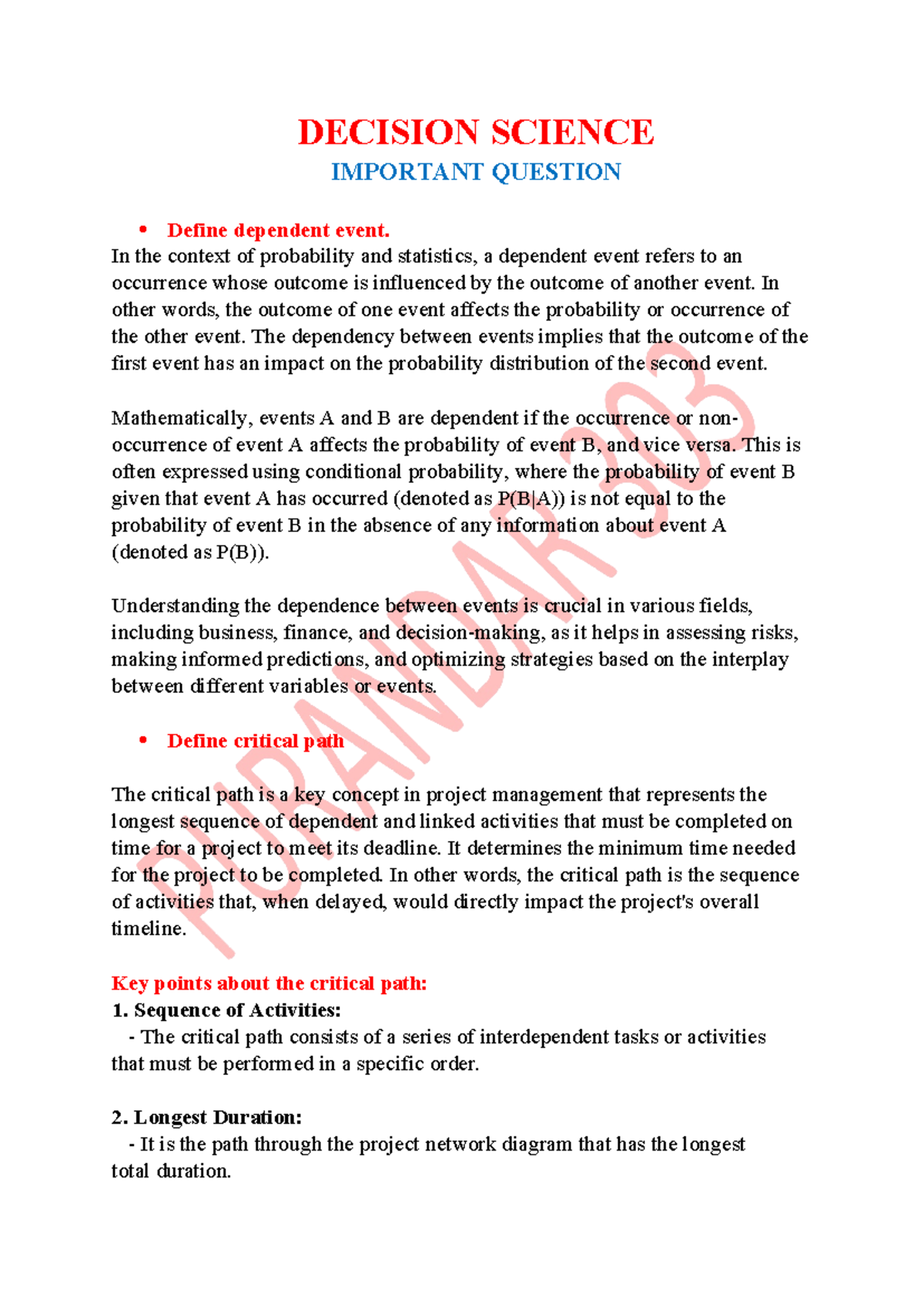 Important Decision Science - DECISION SCIENCE IMPORTANT QUESTION Define ...