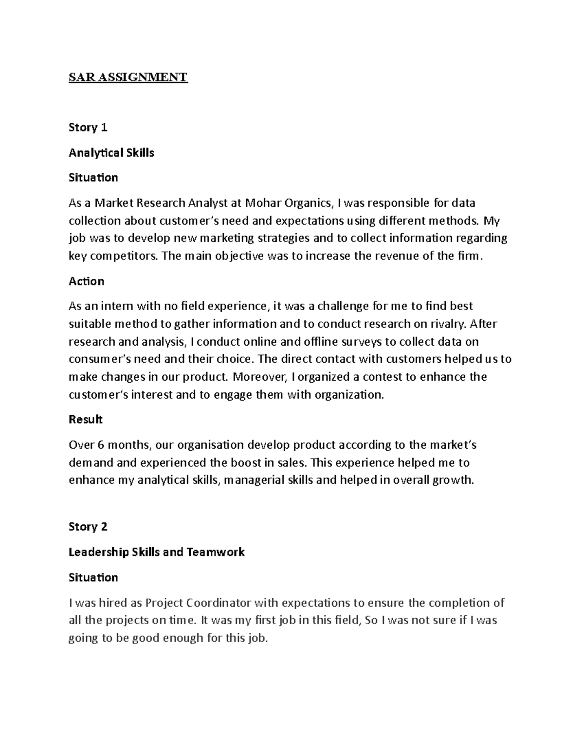 SAR - sar - SAR ASSIGNMENT Story 1 Analytical Skills Situation As a ...