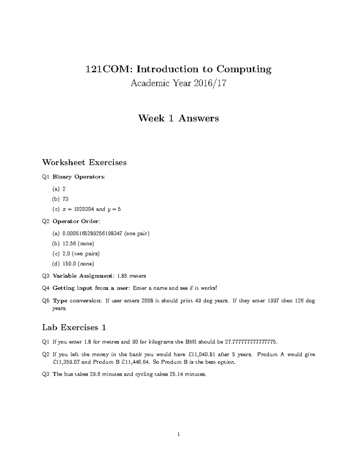 LabSheet 1 Answers - 121COM: Introduction to Computing Academic Year 2016/ Week 1 Answers ...