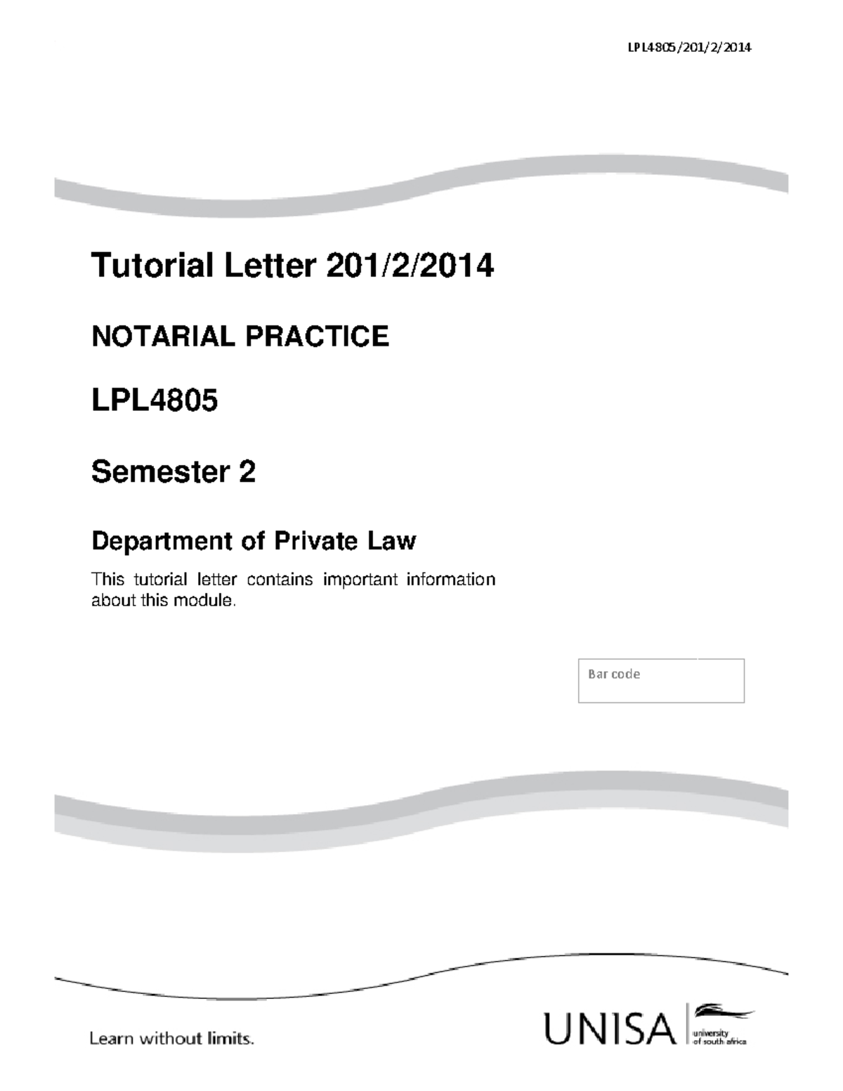 LPL4805 Notarial Practice TL 201 2 2014 - Bar code LPL4805/201/2 ...