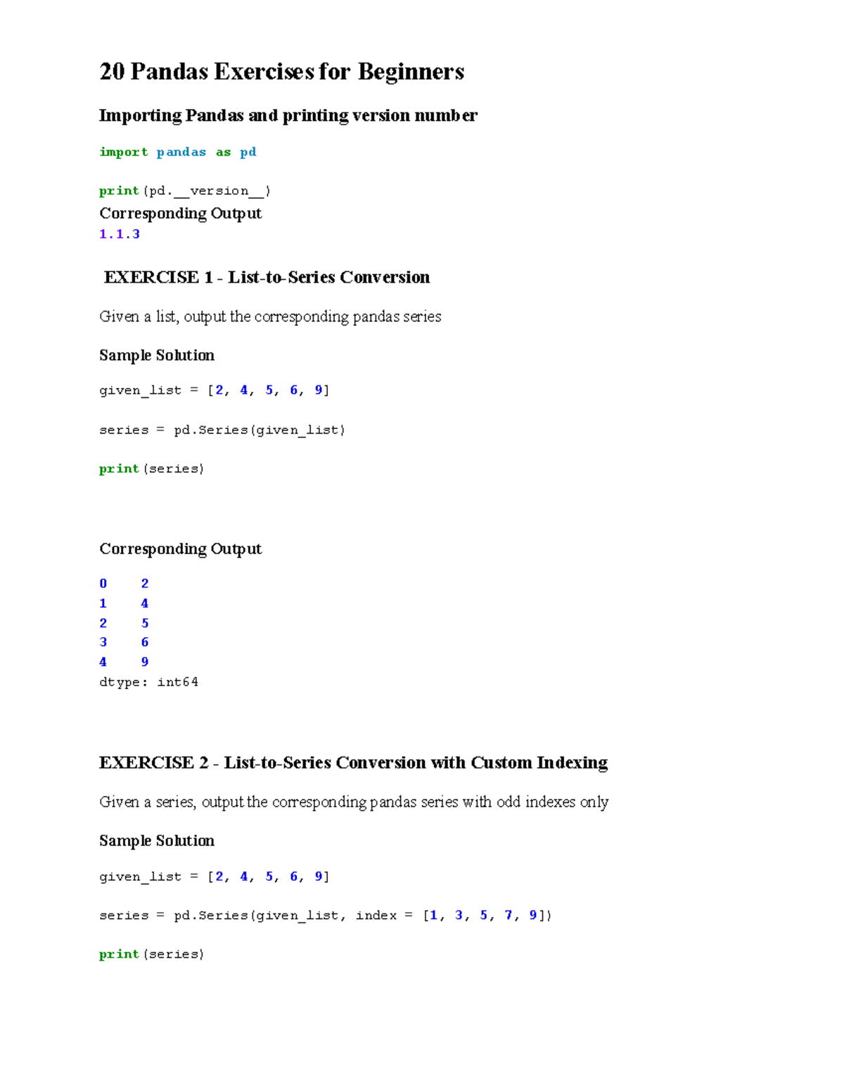 Assignment Pandas 20 Pandas Exercises For Beginners Importing Pandas And Printing Version