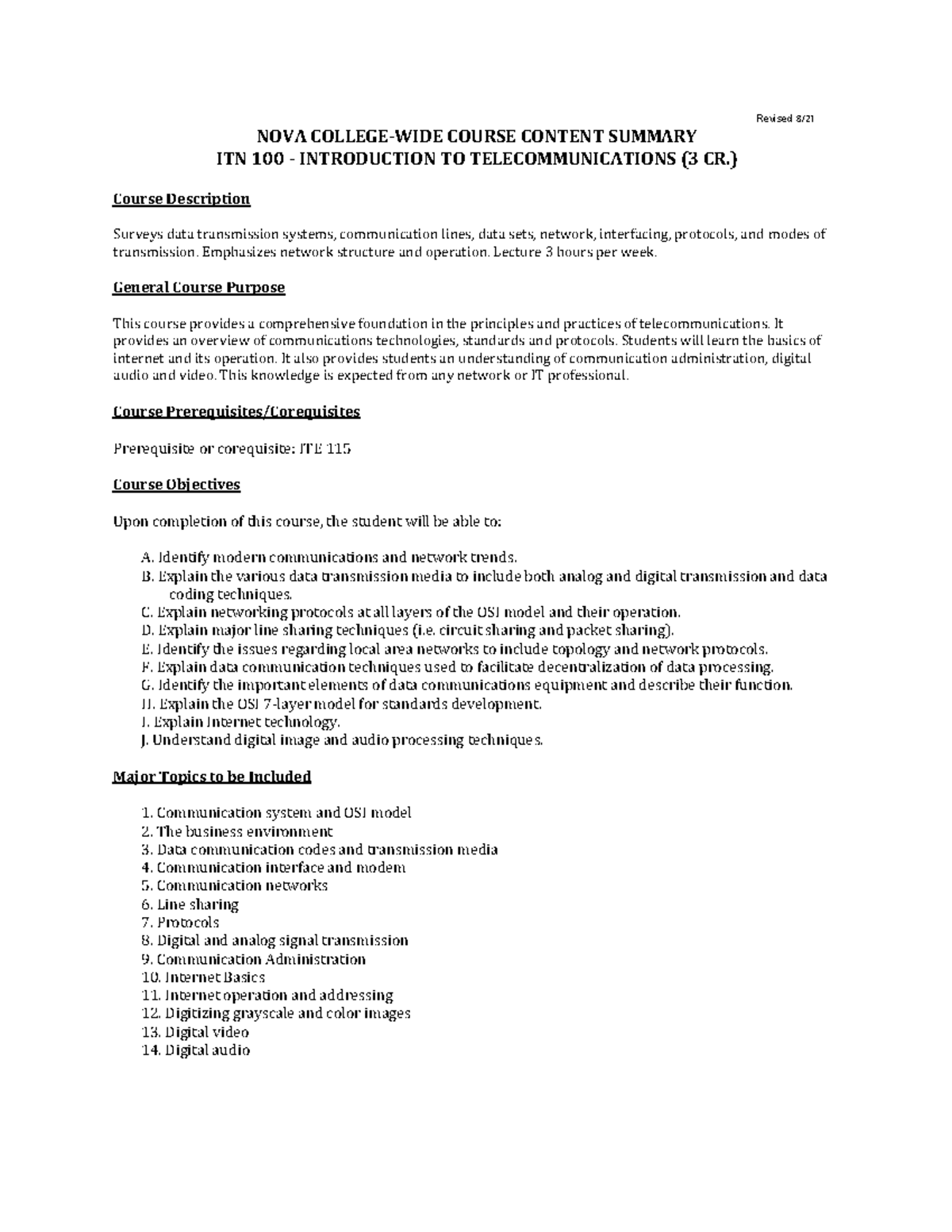 Itn100 - Lecture notes 1,8 - Revised 8/ NOVA COLLEGE-WIDE COURSE ...