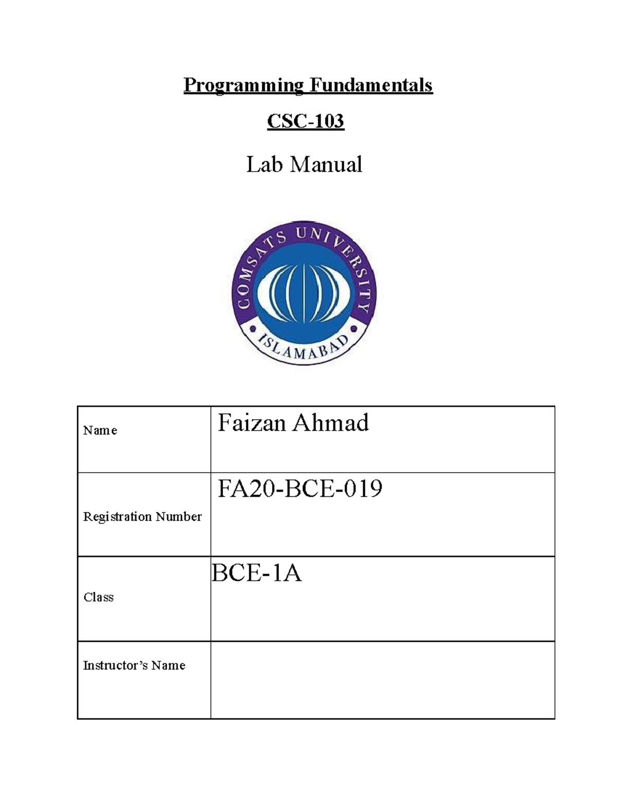Fa20 Bce 019 Pf Lab 4 It Is A Lab Practical Work Programming Fundamentals Csc Lab Manual 