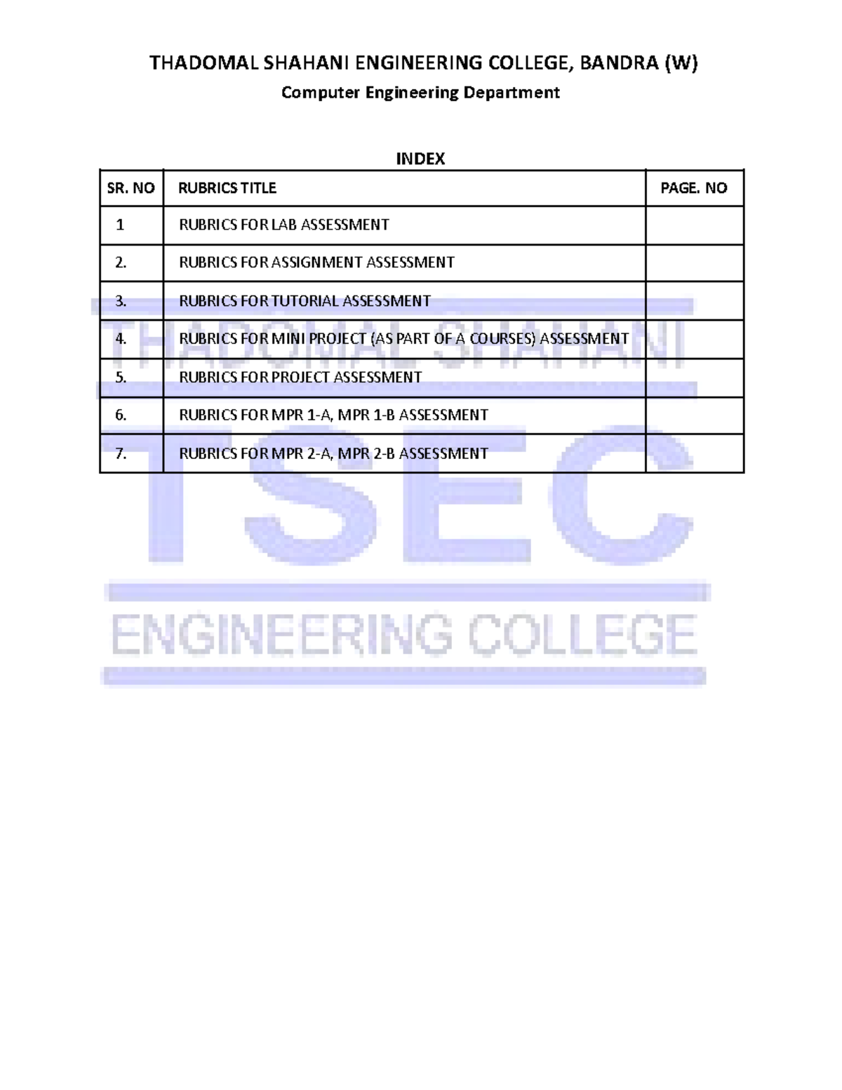 Rubrics FILE 30 July 2022 - Computer Engineering Department INDEX SR. NO RUBRICS TITLE PAGE. NO ...