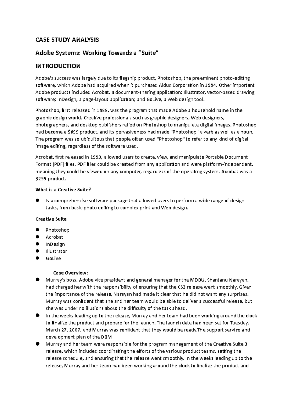 Adobe Systems - CASE STUDY ANALYSIS Adobe Systems: Working Towards a ...