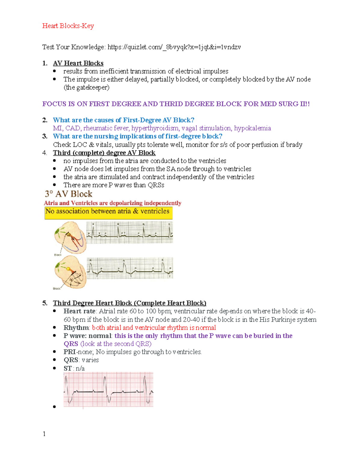 Heart blocks worksheet - NURS223 - BSC - Studocu