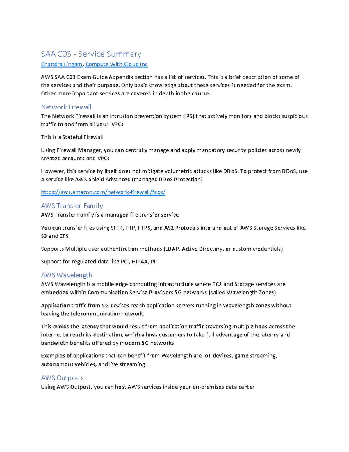 SAAC03-Services+Summary - SAA C03 - Service Summary Chandra Lingam ...