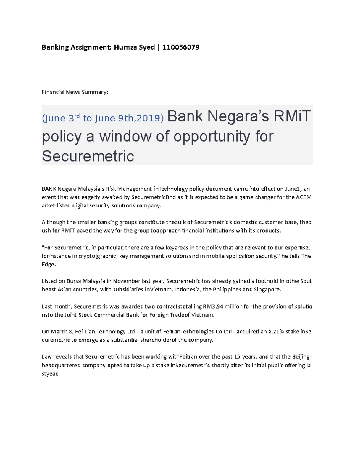 Banking Assignment for bank issues - Banking Assignment: Humza Syed ...