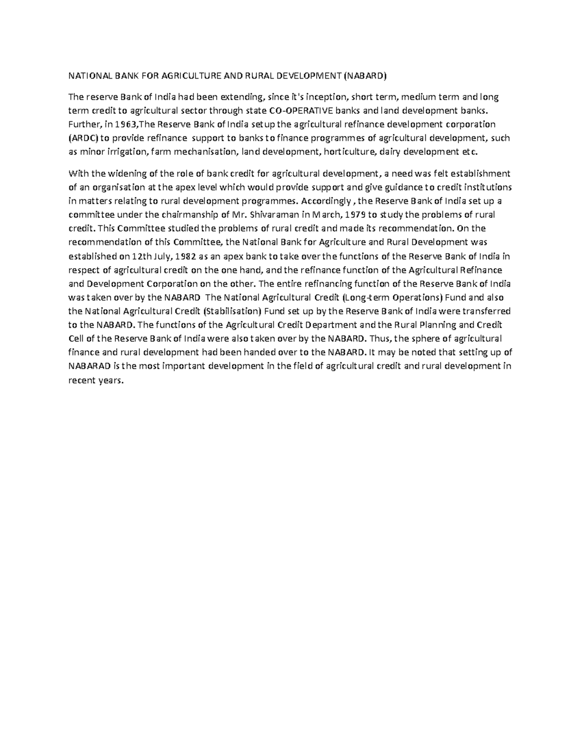 National BANK FOR Agriculture AND Rural Development ( Nabard ...