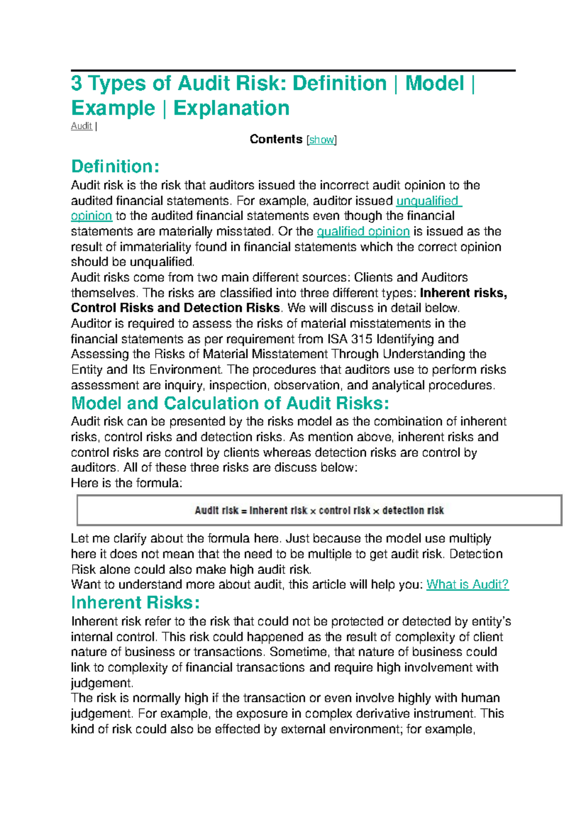 3 Types of Audit Risk - For example, auditor issued unqualified opinion ...