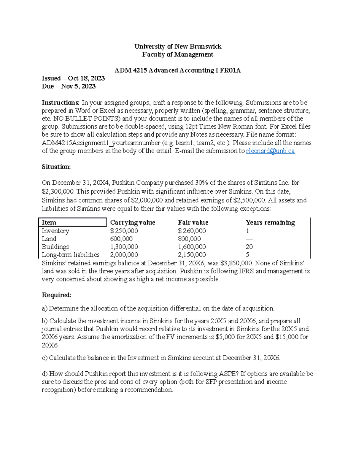 ADM 4215 Assignment 1 FR01A - University of New Brunswick Faculty of ...