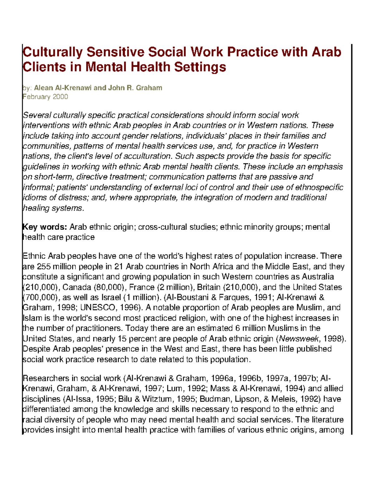 Culturally Sensitive Social Work Practice with Arab Clients - Graham ...