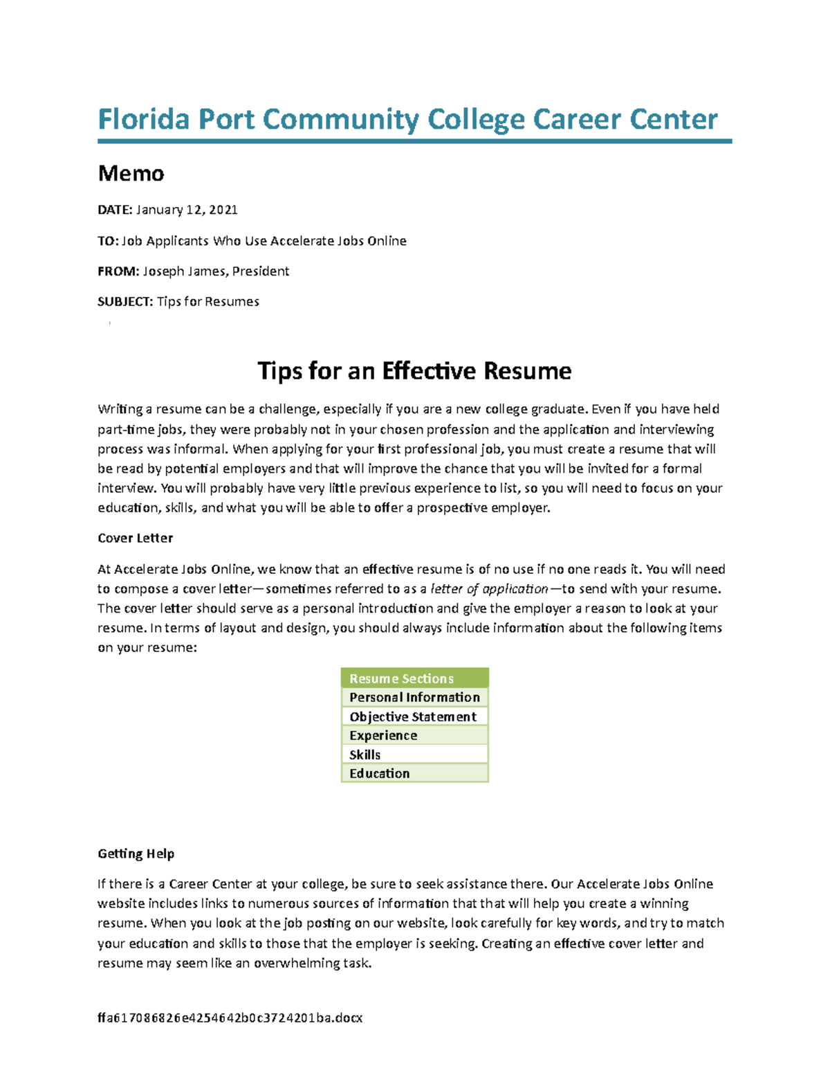 Novak Word 12F Resume Memo-6-13 ENG112 - Florida Port Community College ...