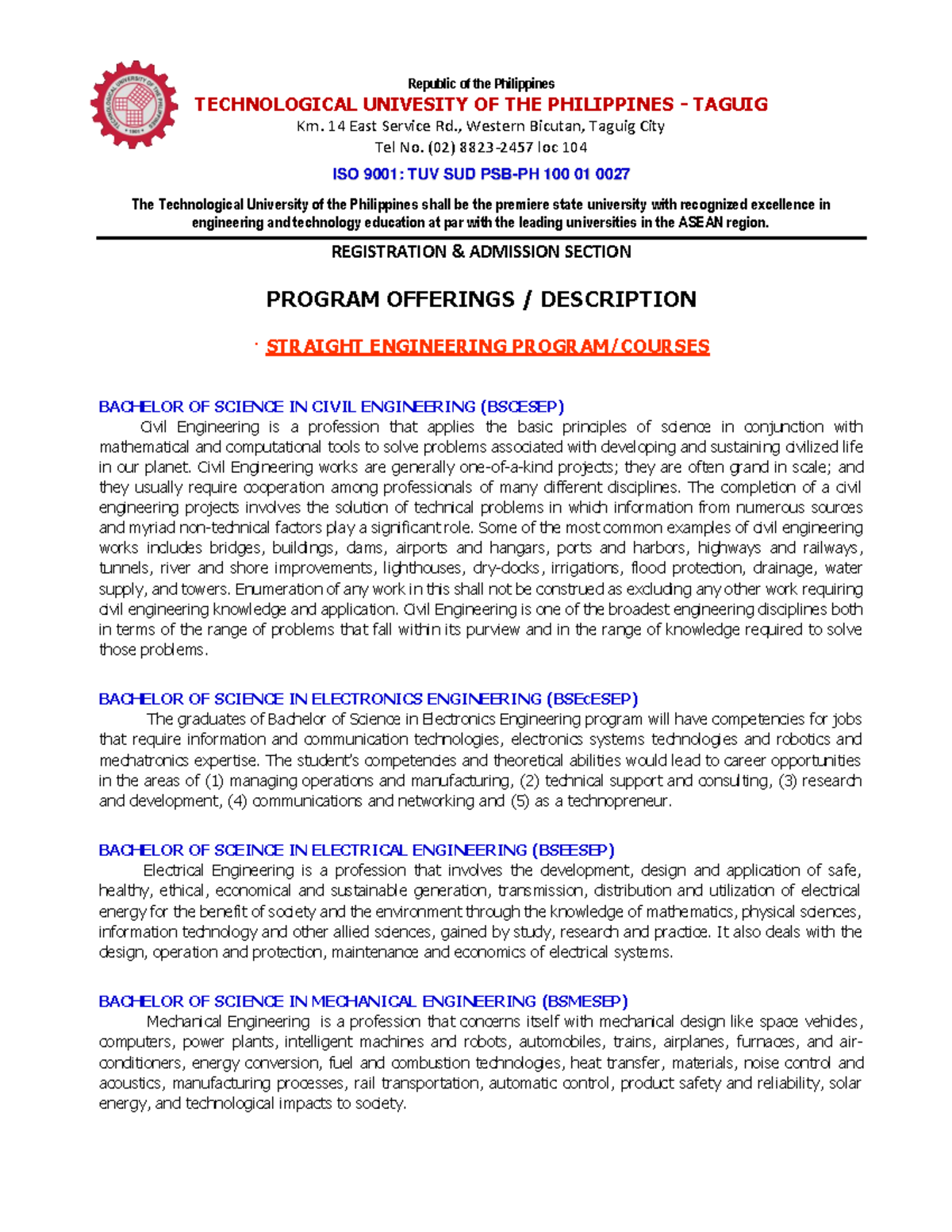 Program Offerings Description 0 - TECHNOLOGICAL UNIVESITY OF THE ...