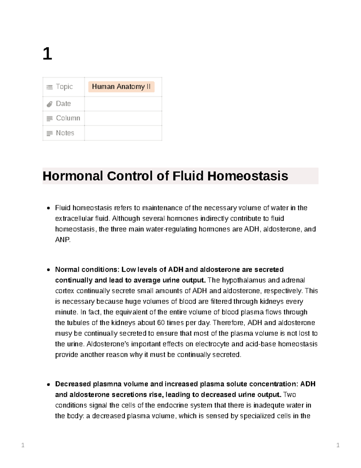 1 - good luck - 1 Topic Human Anatomy II Date Column Notes Hormonal ...