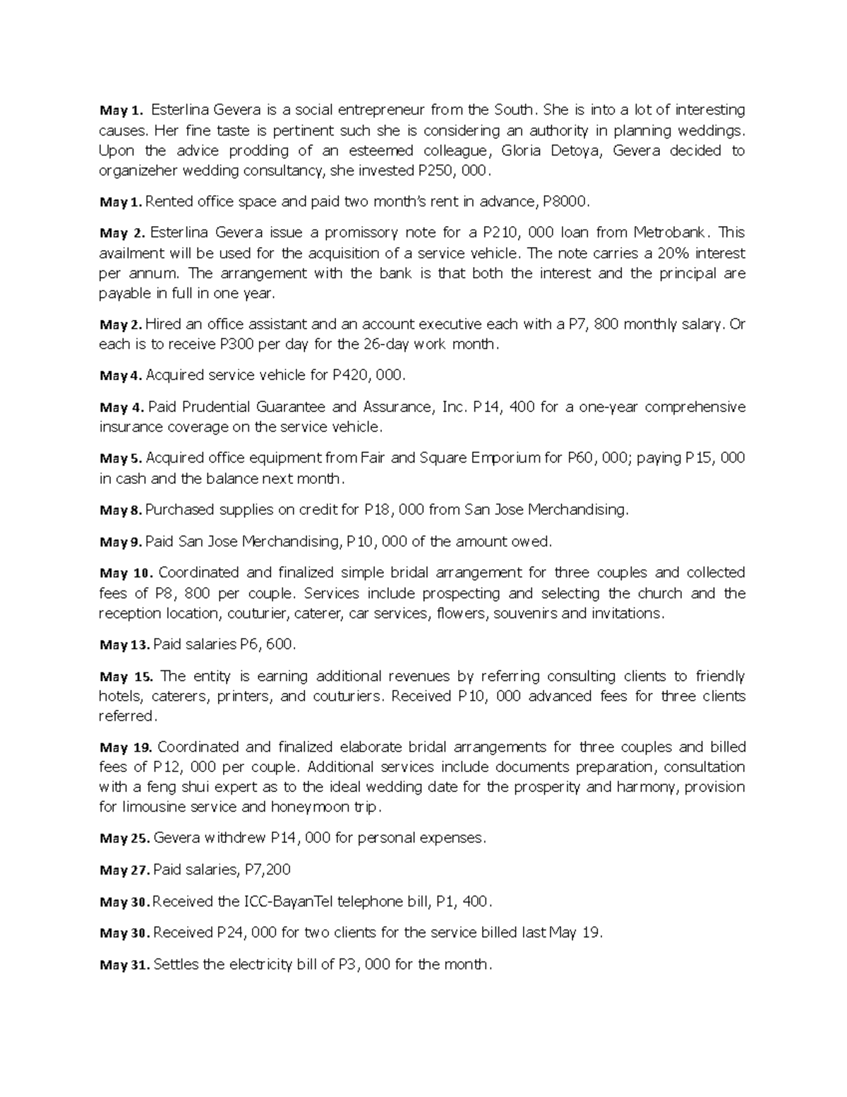 adjusting entries - May 1. Esterlina Gevera is a social entrepreneur ...