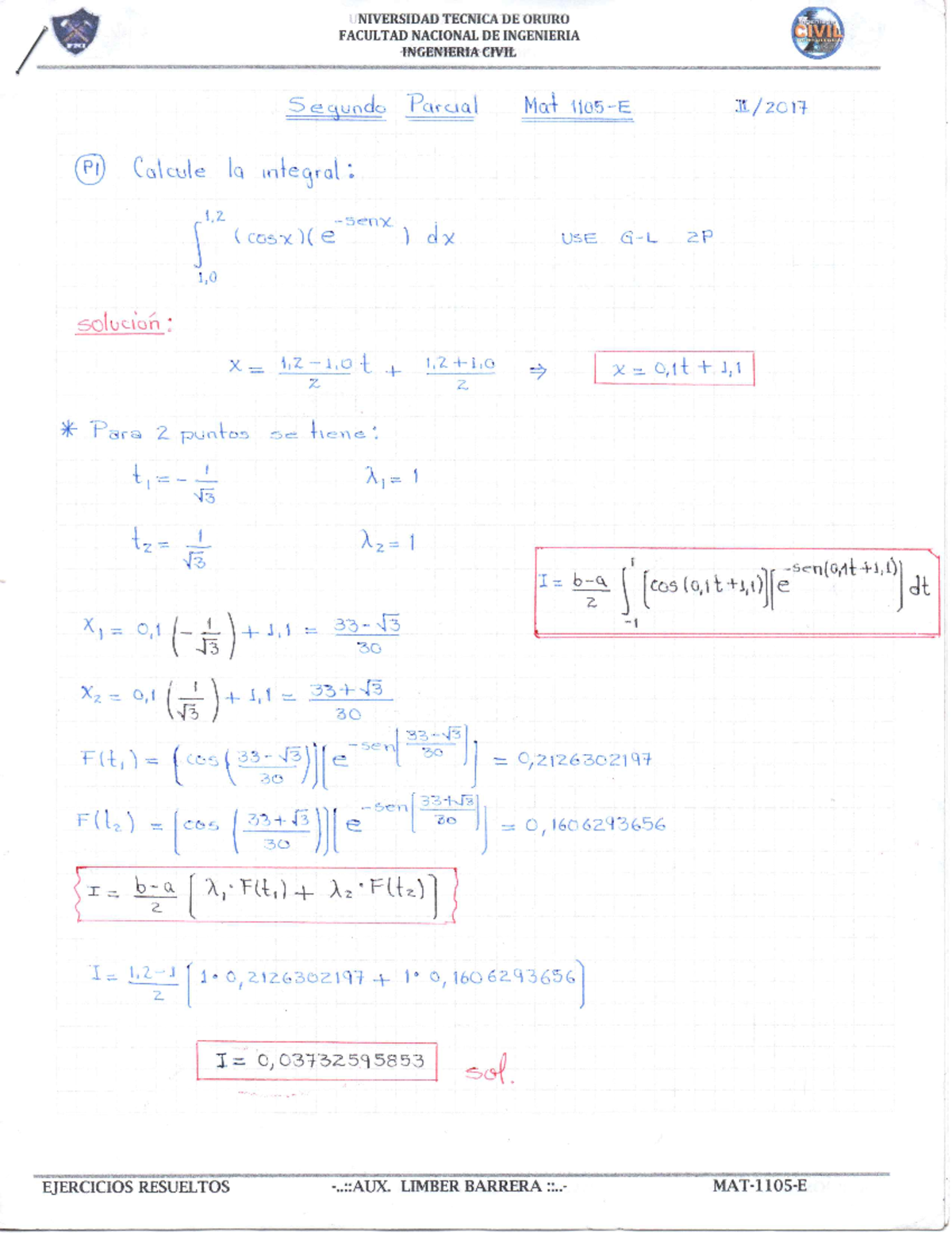 Parcial MAT 1105-E - UNIVERSIDAD TECNICA DE ORURO FACULTAD NACIONAL DE ...