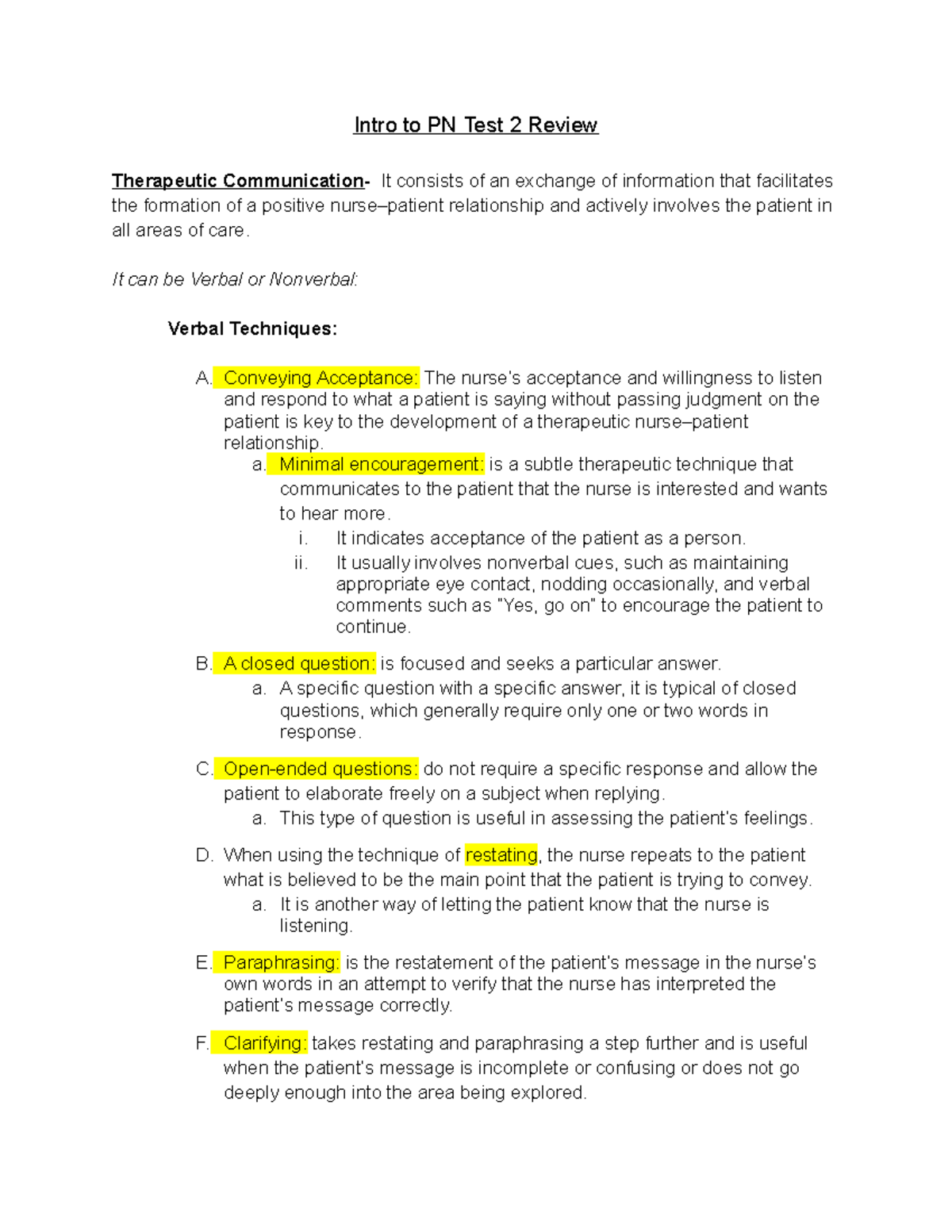Intro to PN Test 2 Review - Intro to PN Test 2 Review Therapeutic ...