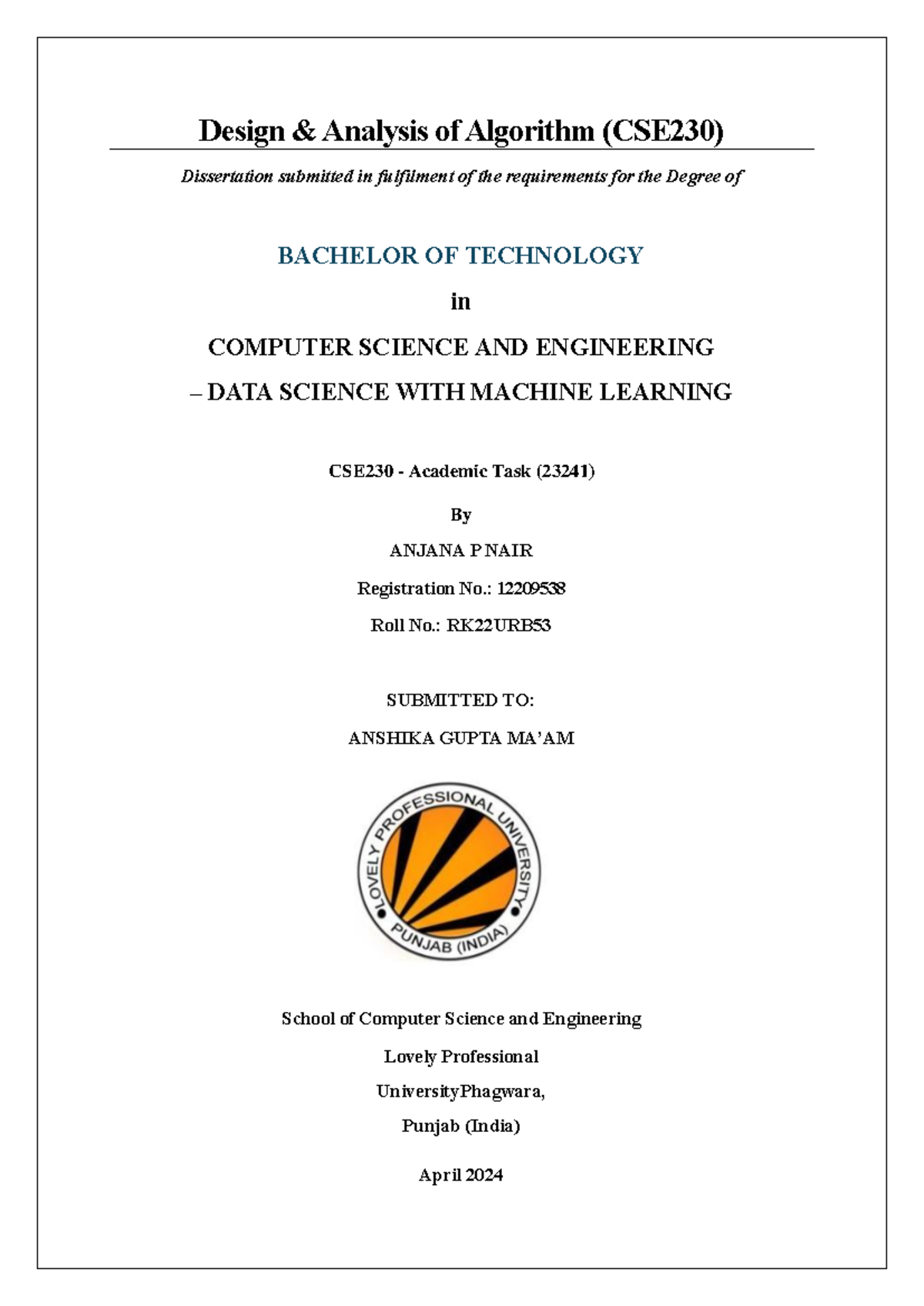 Anjana P Nair DAA CA3 Answerkeys - Design & Analysis of Algorithm ...