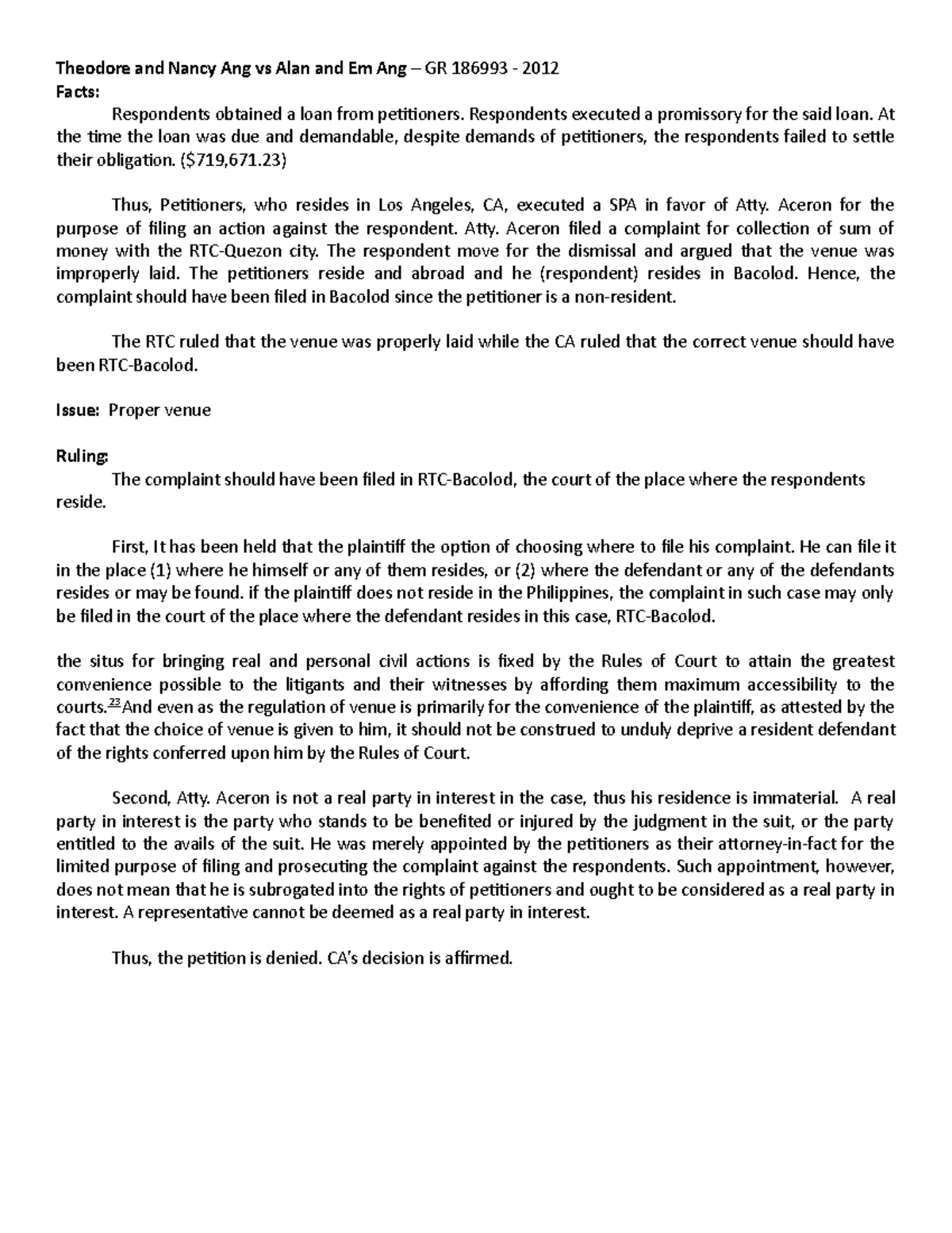 Theodore and Nancy Ang vs Alan and Em Ang – GR 186993 - 2012 - Theodore ...