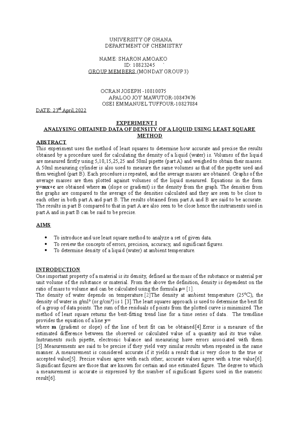 LAB Report 1 1 - physical chemisty lab - UNIVERSITY OF GHANA DEPARTMENT ...