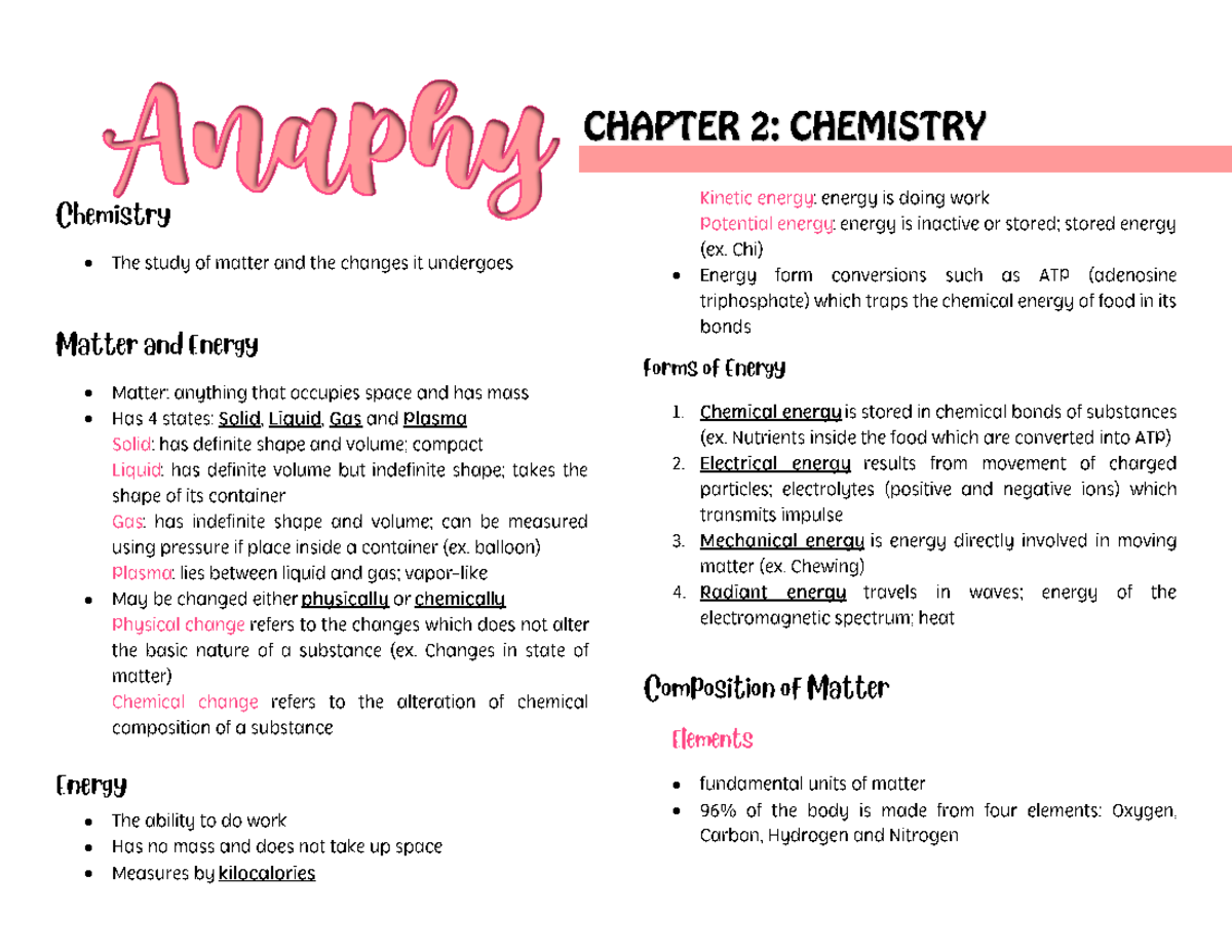 Chapter 2 Chemistry Edited 1 - Anatomy And Physiology - H 2 CH 4 - Studocu