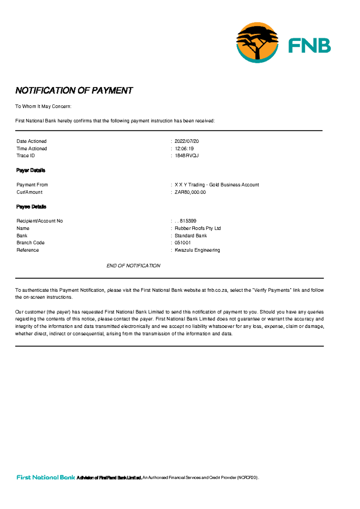 Payment Notification (51) - NOTIFICATION OF PAYMENT To Whom It May ...