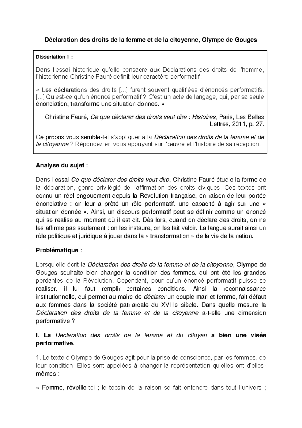 Sujets de dissertations traités Olympe De Gouges - Déclaration des droits de la femme et de la ...