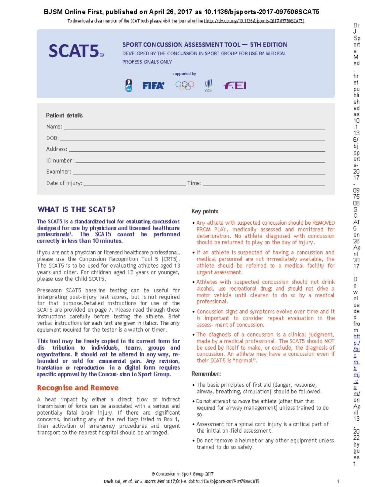 Bjsports-2017-097506 SCAT5.full - SCAT5© SPORT CONCUSSION ASSESSMENT ...