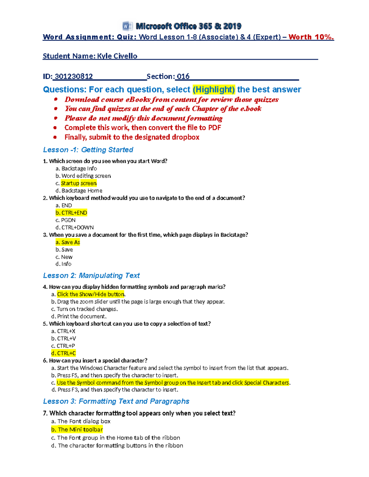 WWA Student Quiz Word Associate Lesson 1-8+4 Microsoft 2019 Student May ...
