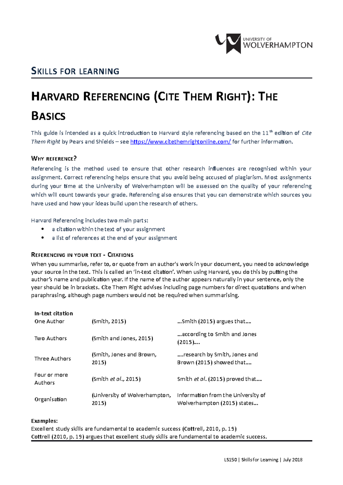 Harvard Quick Guide 2018 - SKILLS FOR LEARNING HARVARD REFERENCING ...