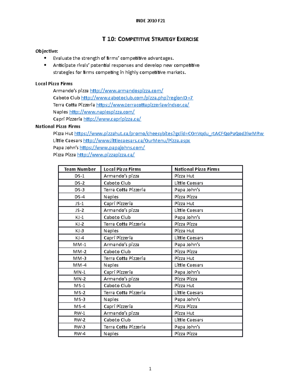 T10-Strategy Exercise - T 10: COMPETITIVE STRATEGY EXERCISE Objective ...