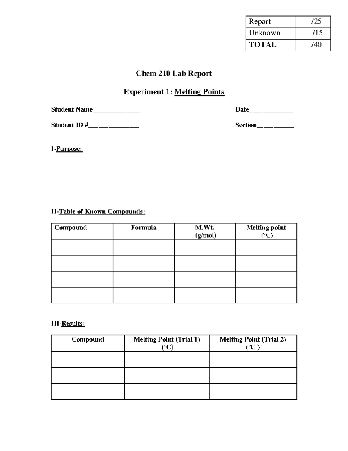 210 -Melting Point Report - Chem 210 Lab Report Experiment 1: Melting ...