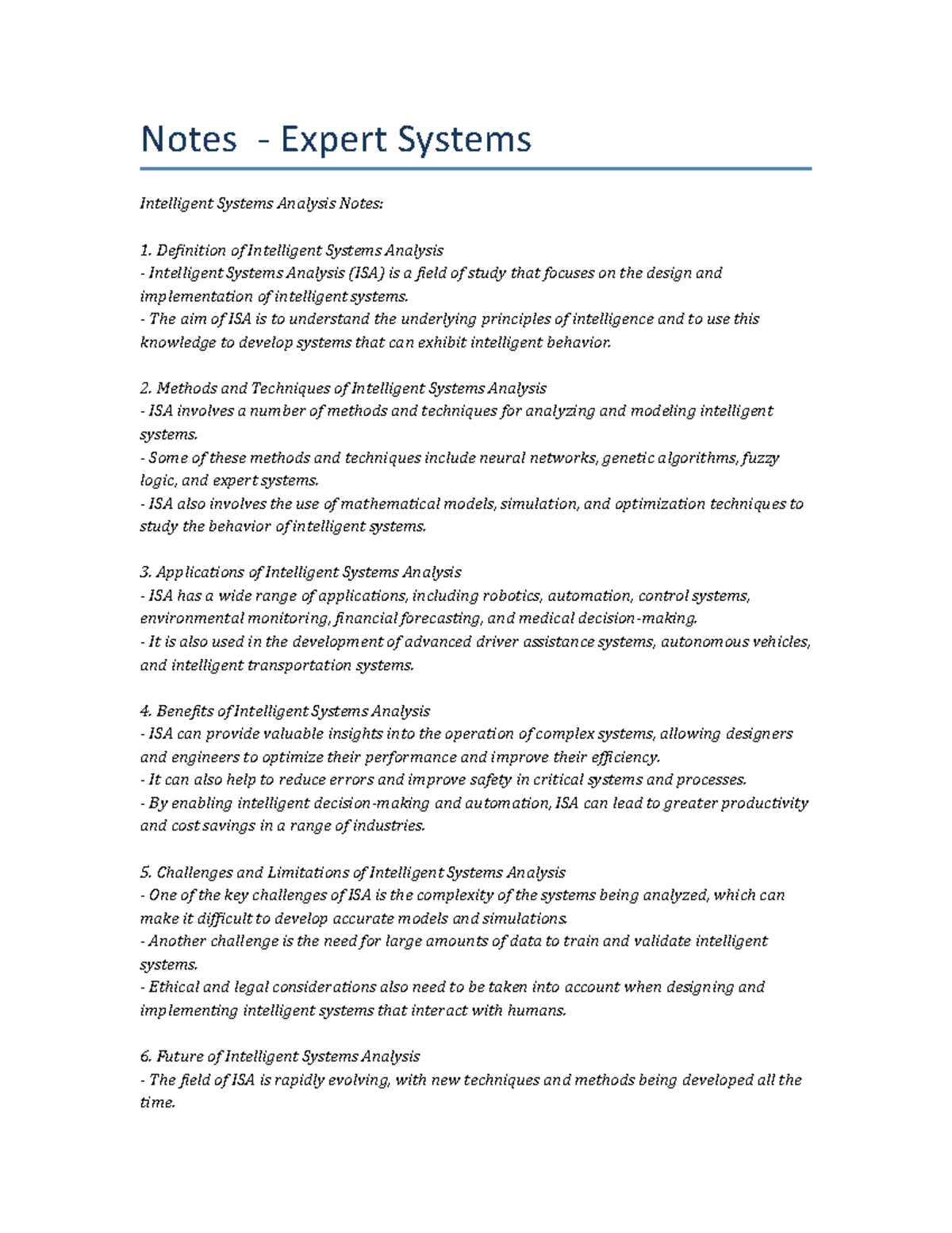 Lecture notes - Expert Systems - Notes - Expert Systems Intelligent ...