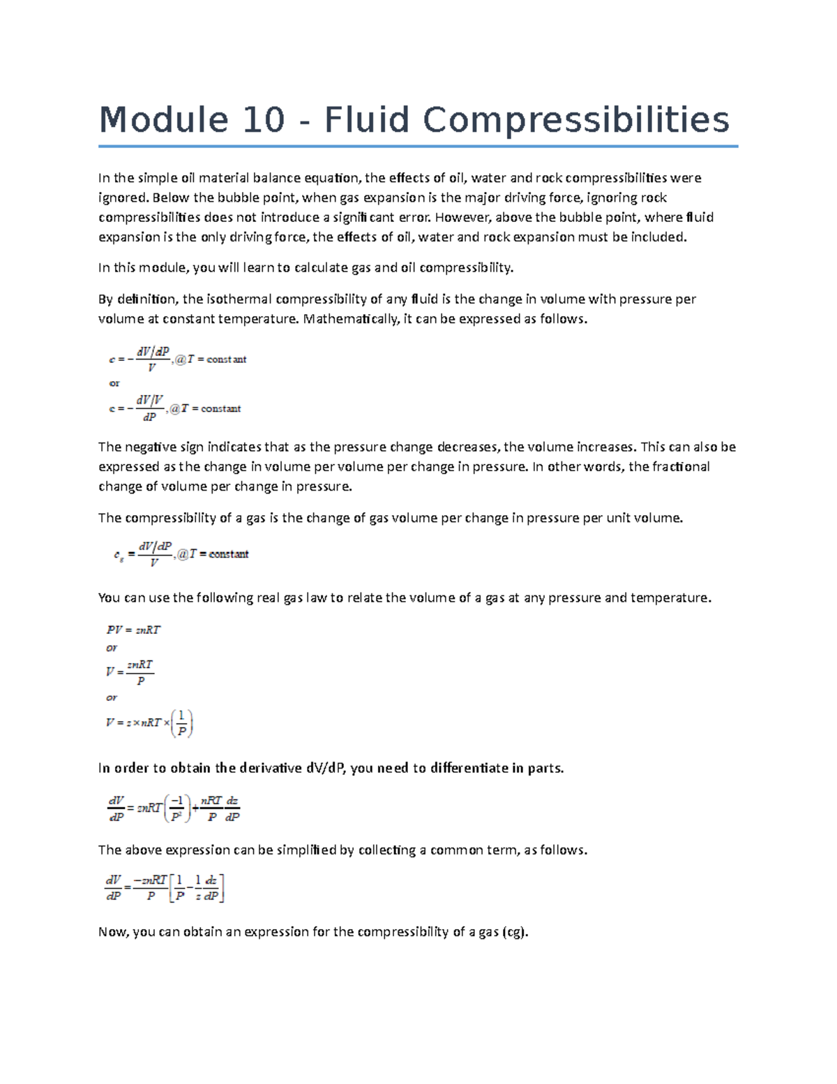 RESR 344 Module 10 - Fluid Compressibilities - RESR344 - SAIT Polytechnic - Studocu