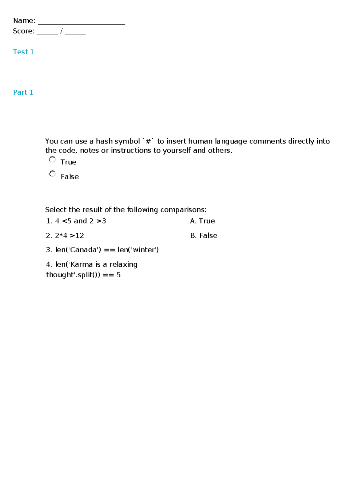 Test 1 - in class test 1 questions - Name ...