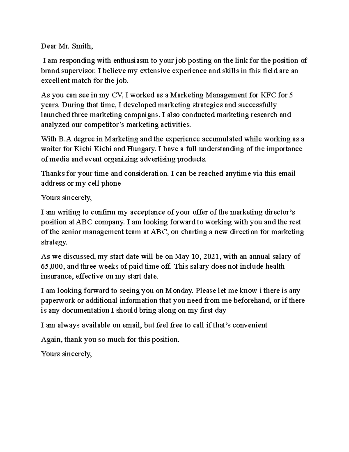 Writing sample test - Dear Mr. Smith, I am responding with enthusiasm ...