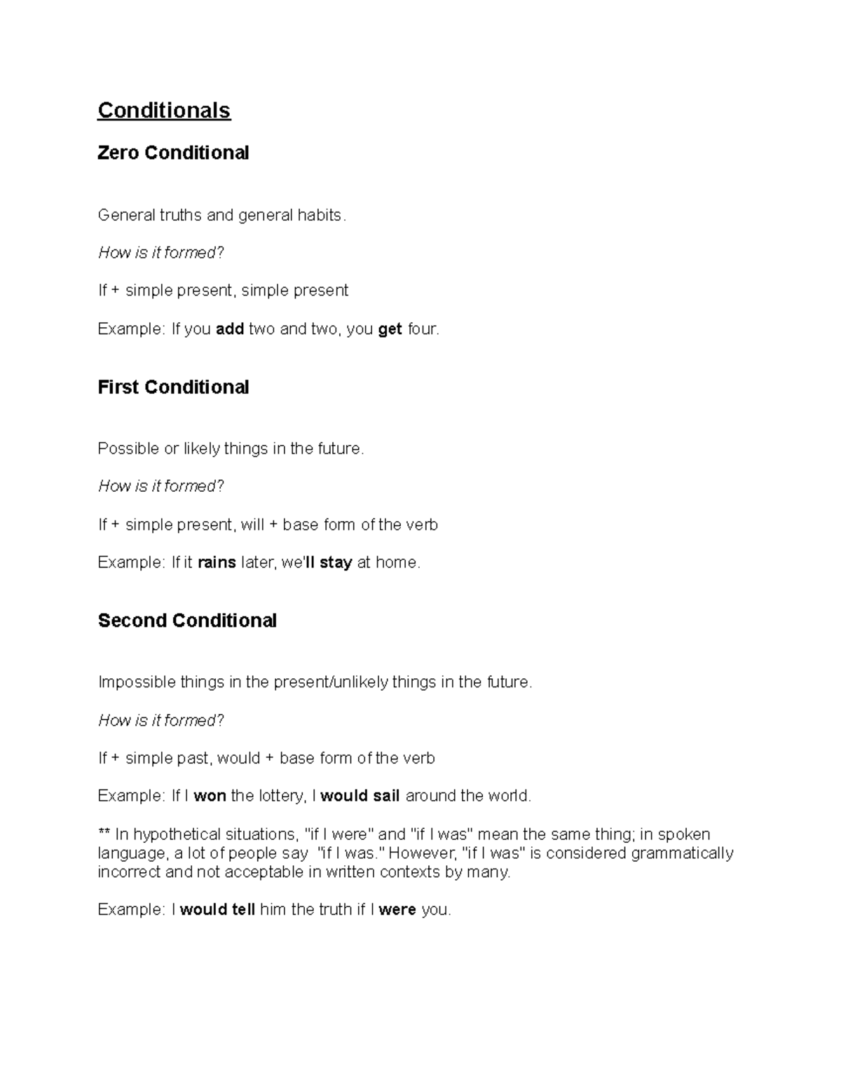 Document Conditionals - Conditionals Zero Conditional General truths ...