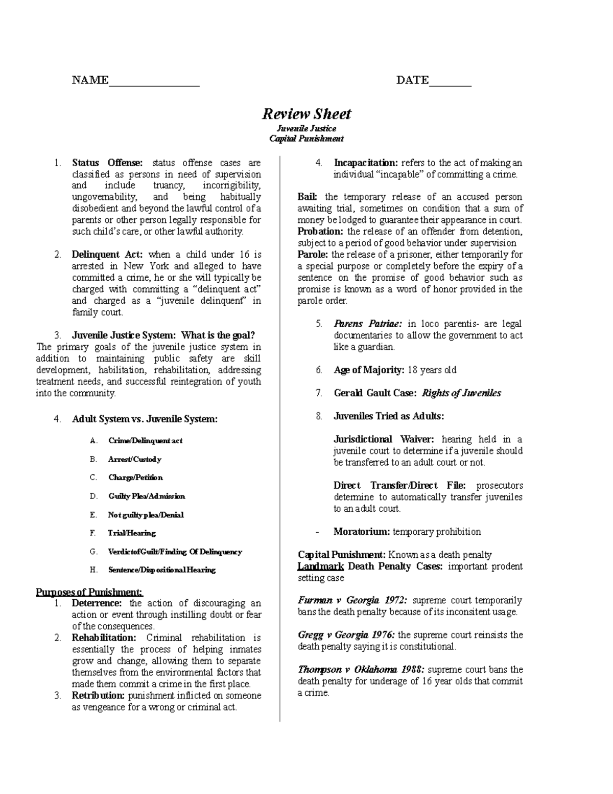 Criminal Justice Review Sheet - NAME_______________ DATE_______ Review ...