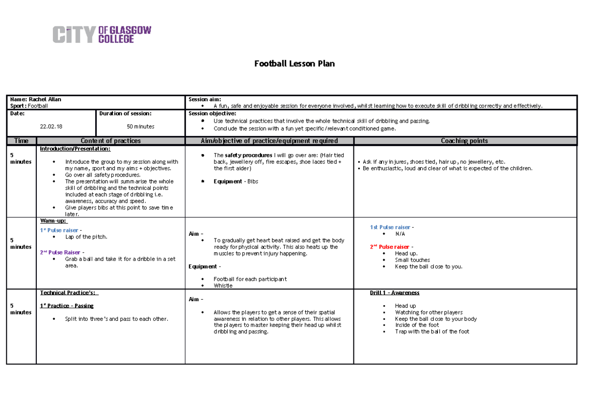 Dodgeball - Session Plan - Football Lesson Plan Name: Rachel Allan ...
