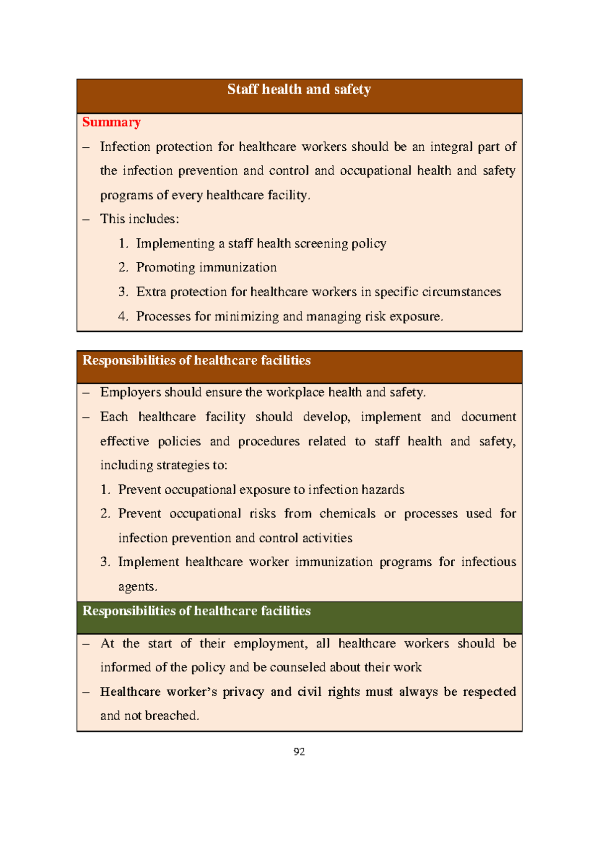 Staff health and safety - Staff health and safety Summary – Infection ...
