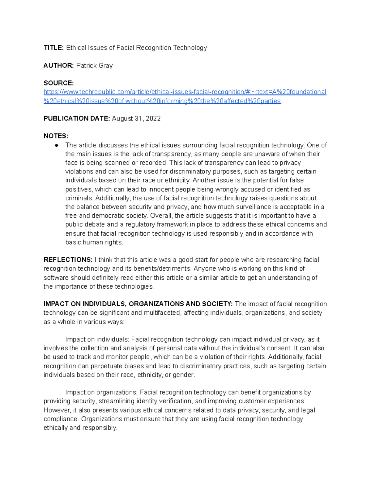 Journal Article #10 - Ethical Issues of Facial Recognition Technology ...