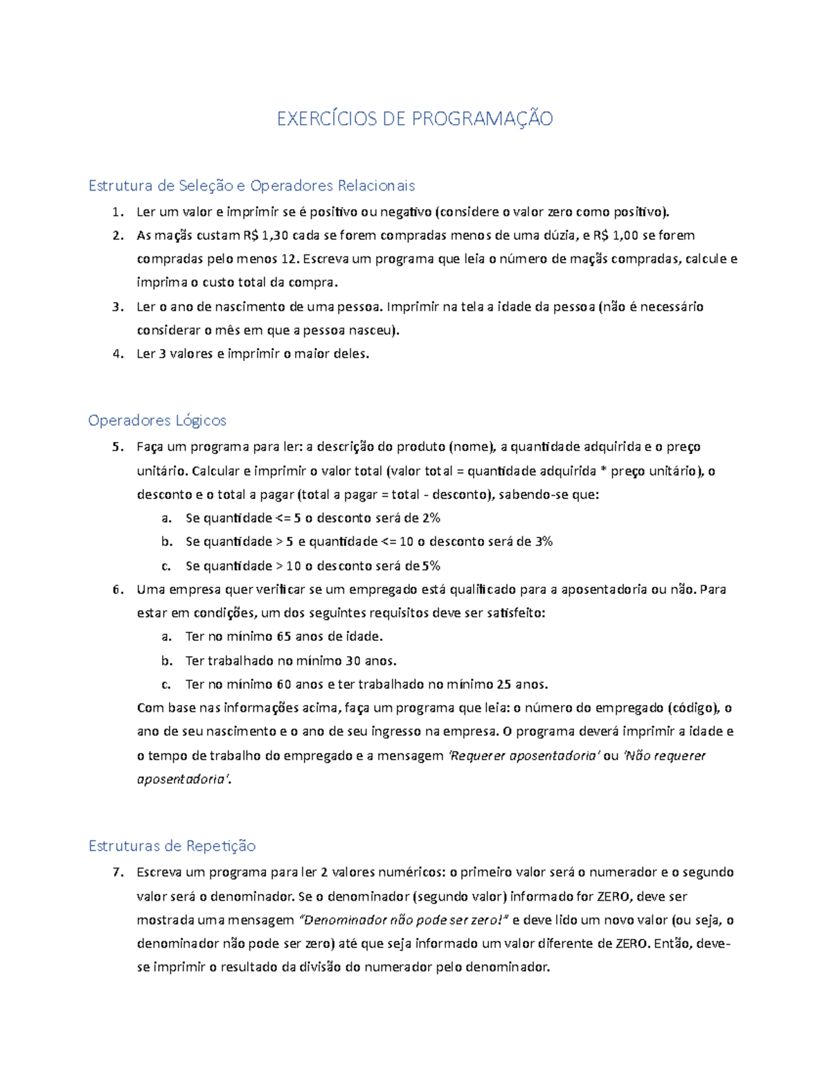 Exercicios Progressivos de Logica de Programacao - EXERCÍCIOS DE ...